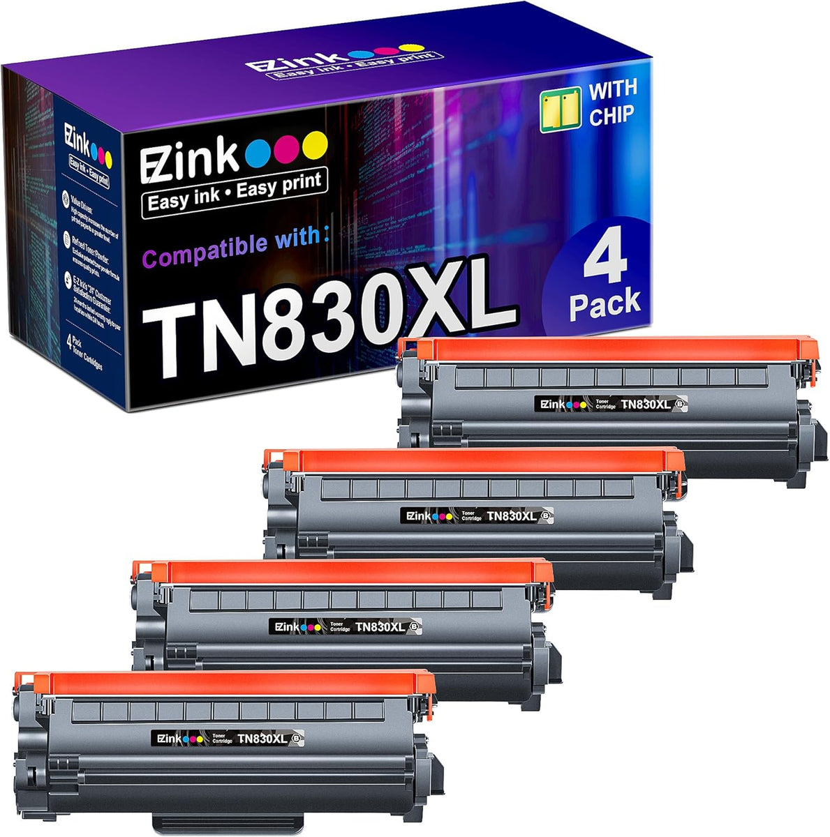 Brother TN830XL Compatible Toner Cartridge(4 Black) | E-Z Ink